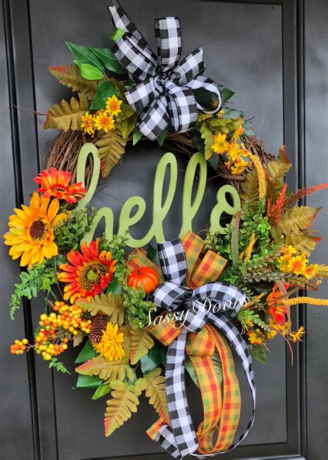 Fall Door Wreath Sunflower Wreath Fall Pumpkin Wreath Hello Wreath