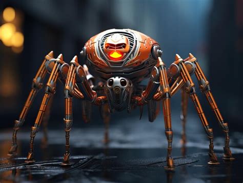 Premium Ai Image Photograph Of A Pearlescent Orange Red Spider Mecha Robot With Metallic Armor