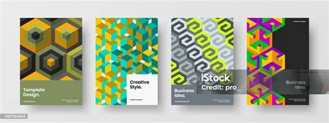 밝은 소책자 A4 디자인 벡터 일러스트 레이 션 세트 현대 모자이크 육각형 회사 표지 템플릿 번들입니다 0명에 대한 스톡 벡터