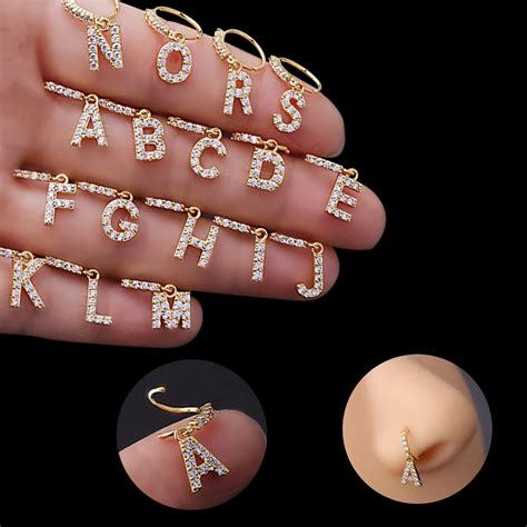 Personalized Letter Nose Ring Alphabet Letter Dangle Nose Hoop Brass