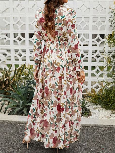 Graceful High Waisted Long Sleeves Floral Print Maxi Dresses