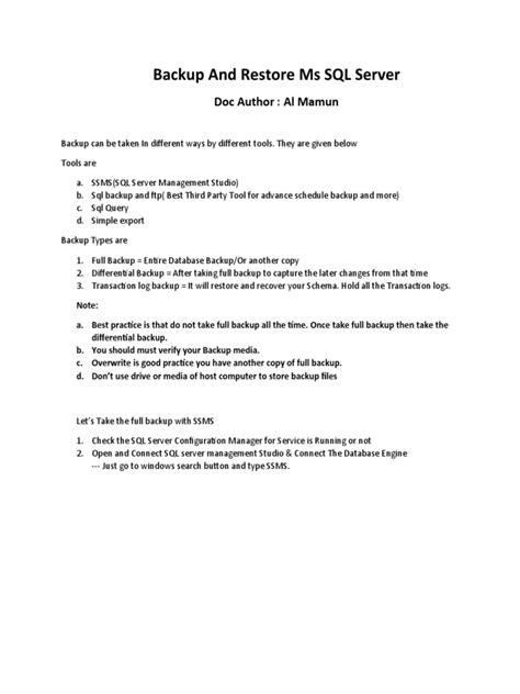 Backup And Restore Ms Sql Server Pdf Backup Microsoft Sql Server