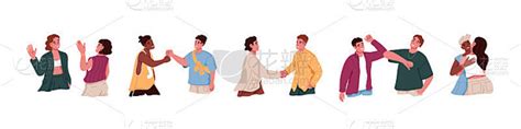 一群人互相问候,用不同的方式打招呼。各种“嗨”手势,如挥手、握手、拳头、撞肘、拥抱。平面矢量插图孤立 一群人互相问候,用不同的方式打招呼。各种“嗨”手势,如挥手、握手、拳头、撞肘、拥抱。平面矢量插图孤立