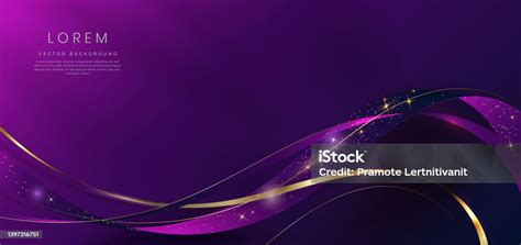 보라색과 진한 파란색 배경에 추상적인 3d 골드 곡선 리본으로 조명 효과와 텍스트를위한 복사 공간으로 반짝입니다 럭셔리 디자인