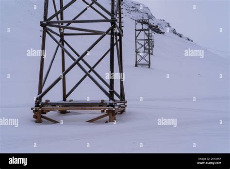 Decommissioned Cable Car Timber Structure Towers In Winter Landscape
