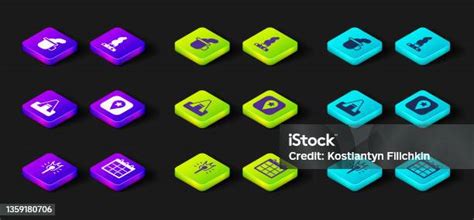 설정 토치 불꽃 달력 관광 텐트 캠핑 캠프 파이어와 차 아이콘의 컵에 대한 위치 벡터 3차원 형태에 대한 스톡 벡터 아트 및 기타 이미지 Istock