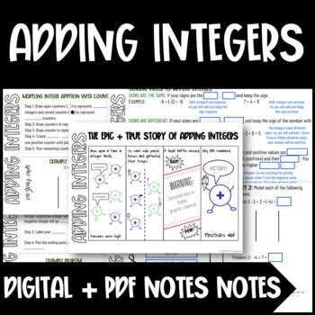 Adding Integers Digital PDF Notes By Smart Pug Teaching TpT