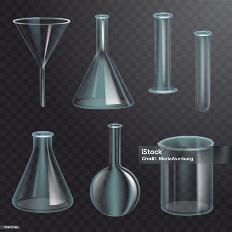 사실적인 화학 플라스크 세트 투명 빈 깔때기 전구 병 테스트 튜브 필터 어두운 투명 배경 사실적인 3d 벡터 일러스트레이션 3