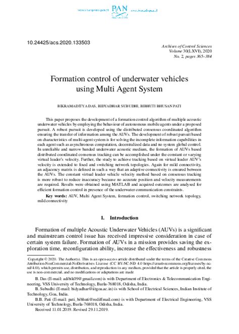 Pdf Formation Control Of Underwater Vehicles Using Multi Agent System