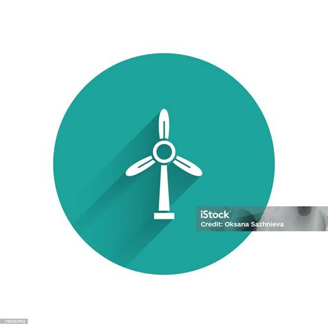 긴 그림자로 격리 된 흰색 풍력 터빈 아이콘입니다 풍력 발전기 기호입니다 전력 생산을 위한 풍차 녹색 원 버튼입니다 벡터 일러스트레이션 개념에 대한 스톡 벡터 아트 및 기타
