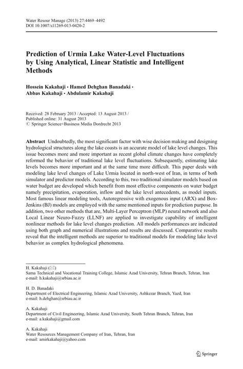 Pdf Prediction Of Urmia Lake Water Level Fluctuations By Using Analytical Linear Statistic