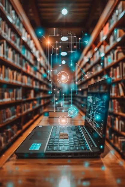 Laptop Computer With Data Infographic In A Vintage Library Technology
