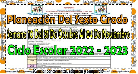 Planeación Del Sexto Grado De Primaria De La Semana 10 Del 31 De