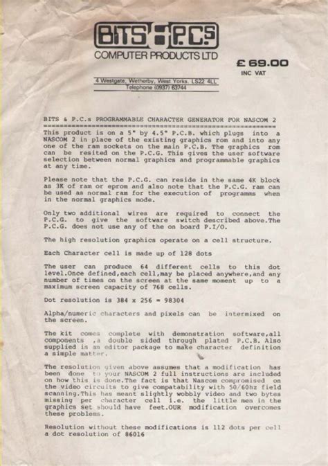 Bits And Pcs Programmable Character Generator For Nascom 2 Promotional Item Computing History