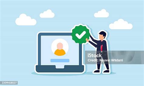 체크 마크 배지를 들고 있는 사업가가 비즈니스 계정 보안 보호를 보여주는 개인의 프로필을 표시하는 노트북 옆에 서 있습니다 감시에 대한 스톡 벡터 아트 및 기타 이미지