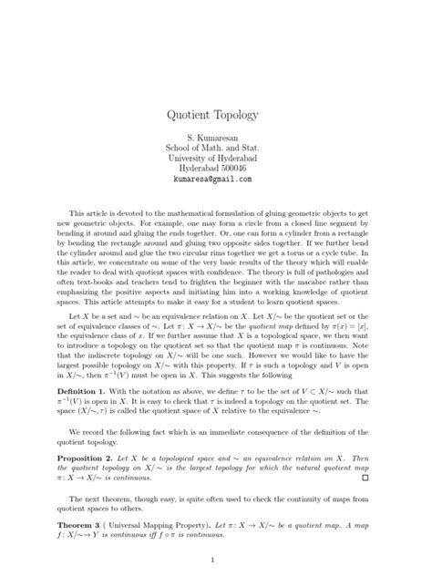 Quotient Topology S Kumaresan School Of Math And Stat University Of