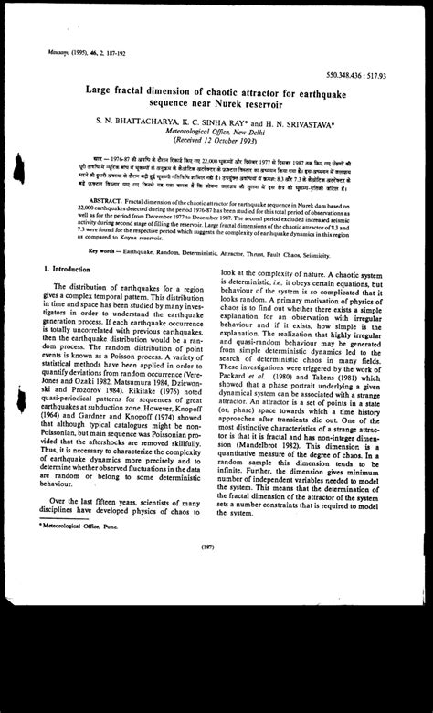 Pdf Large Fractal Dimension Of Chaotic Attractor For Earthquake Sequence Near Nurek Reservoir