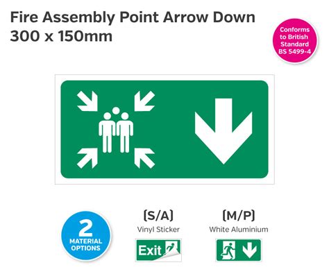 Fire Assembly Point Arrow Down Sign 300 X 150mm Mileta Signs And Displays Limited