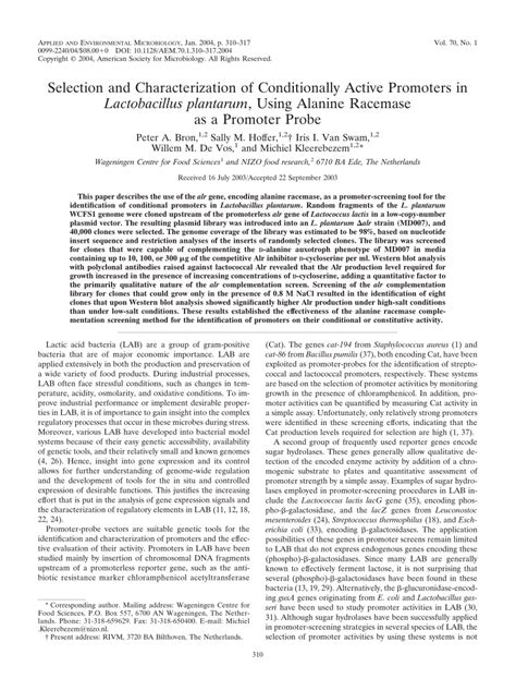 Pdf Selection And Characterization Of Conditionally Active Promoters In Lactobacillus