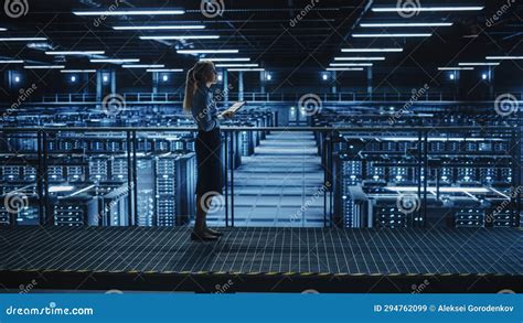 Female It Specialist Using Tablet Computer In Data Center Walking On A Bridge Overlooking