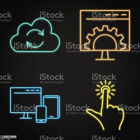 서비스로서의 소프트웨어는 네온 아이콘 세트의 이점을 누릴 수 있습니다 소프트웨어 업데이트에 대한 스톡 벡터 아트 및 기타 이미지 소프트웨어 업데이트 형광색의 0명