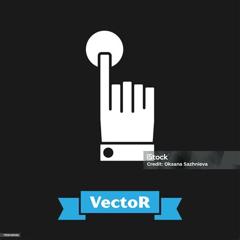 흰색 손 터치 및 검은 색 배경에 격리 된 제스처 아이콘을 누릅니다 여기 손가락 터치 포인터 커서 마우스 기호 벡터 일러스트레이션 개념에 대한 스톡 벡터 아트 및 기타