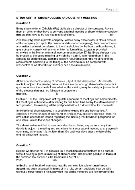 LML Disscussion Sem STUDY UNIT SHAREHOLDERS AND COMPANY MEETINGS Question Every