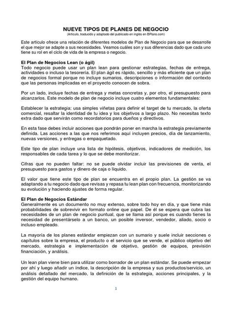 Nueve Tipos De Planes De Negocio Pdf Empresa De Inicio Pequeñas
