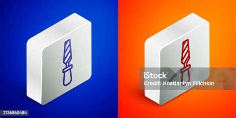 등각 투영 선 Rasp 금속 파일 아이콘이 파란색과 주황색 배경에 분리되어 있습니다 나무와 금속 작업을 위한 Rasp 작업대 작업장을 위한 공구 실버 스퀘어 버튼 벡터 3