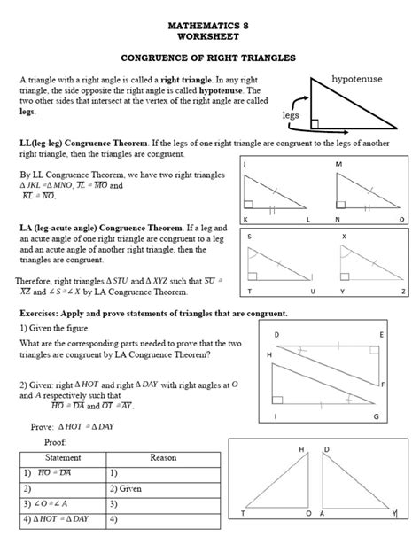 Math 8 Worksheet Congruence Postulate Pdf Triangle Elementary Mathematics