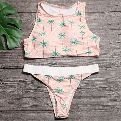 높은 목 삼각형 코코넛 인쇄 비키니 수영복 수영 정장 수영복 비치웨어 Aliexpress