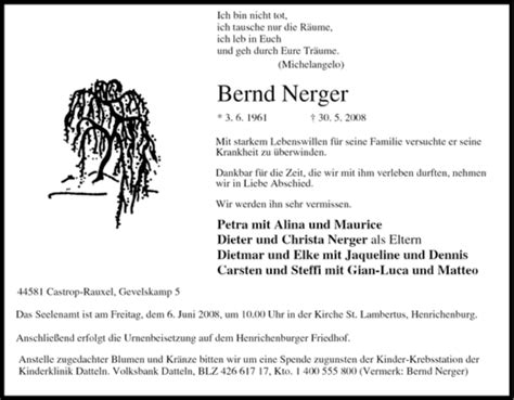 Traueranzeigen Von Bernd Nerger Trauer In Nrw De