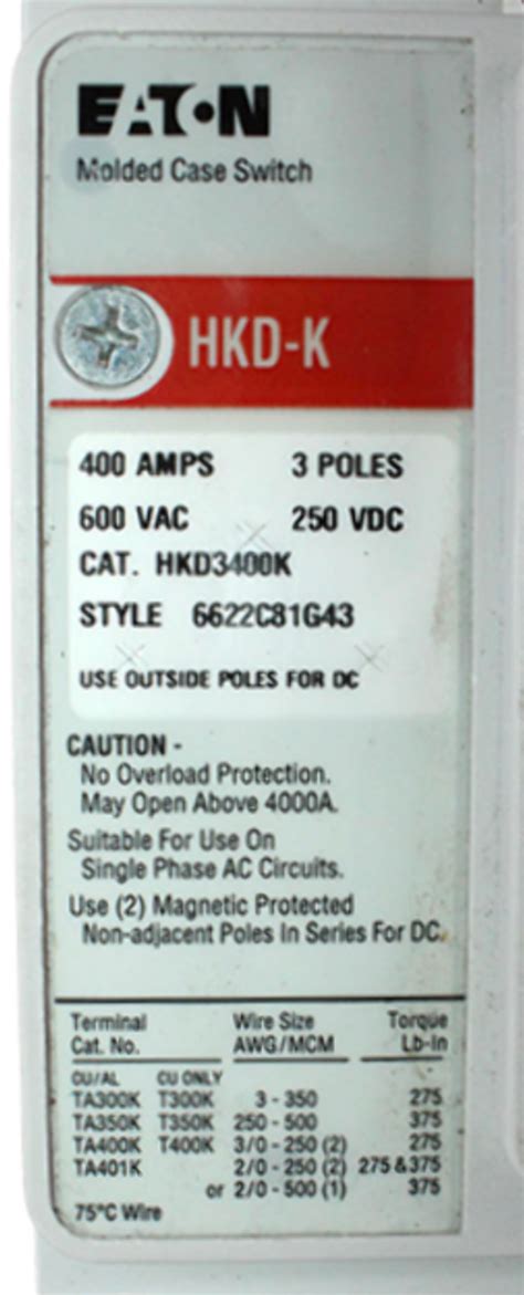 Eaton Hkd3400k Molded Case Switch 400a 600v 3 Pole 100ka T186 Trip Type