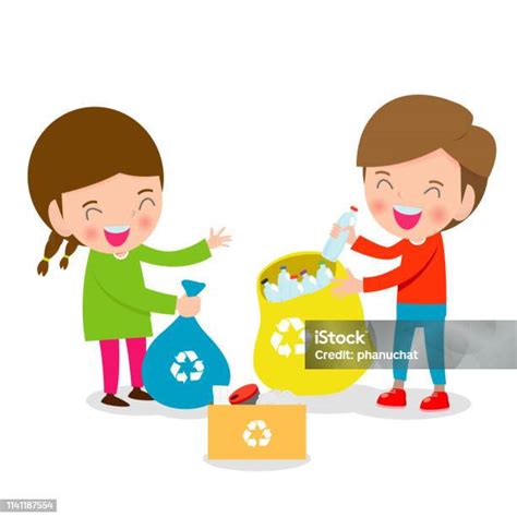 아이 들 재활용 쓰레기를 재활용 쓰레기를 분리 하는 아이 들의 그림 폐기물을 저장 소년과 소녀 재활용 쓰레기를 분리 아이와 아이 들과 재활용을 위한 아 이들이 쓰레기를 수집