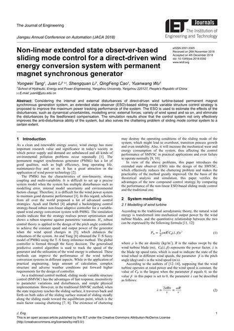 PDF Non Linear Extended State Observer Based Sliding Mode Control For A Direct Driven Wind