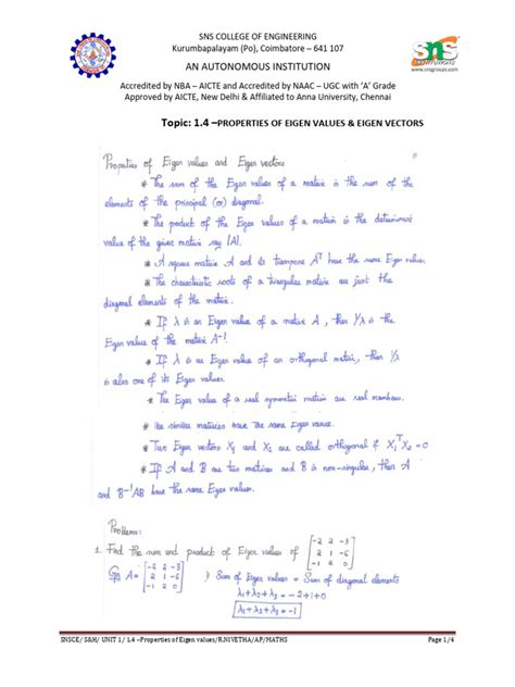 Unit 1 Properties Of Eigen Values And Eigen Vectors Pdf