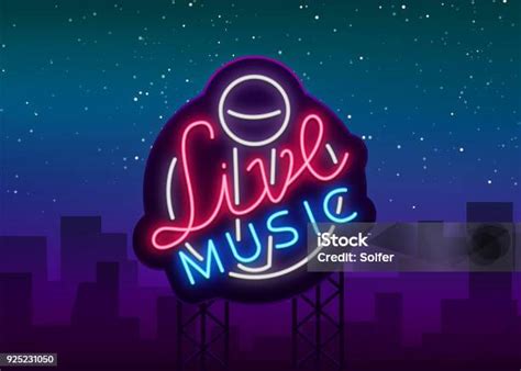 마이크와 음악 네온 사인 로고 상징 기호 포스터를 살고 있습니다 그림입니다 음악과 함께 다른 기관 노래방 유흥 클럽 광고 밝은