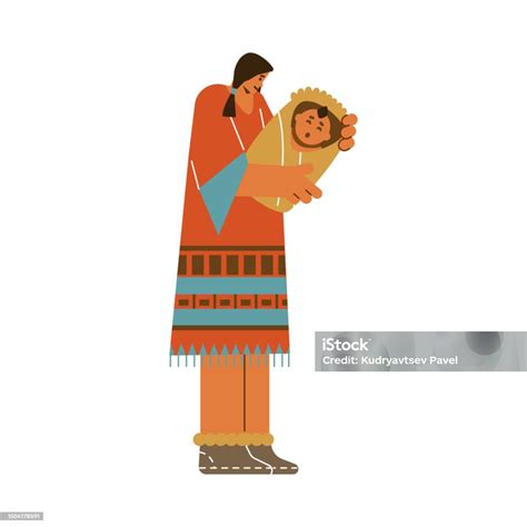 아메리카 원주민 전통 민족 의상을 입고 아기를 안고 있는 부족 젊은 여성의 벡터 고립된 삽화 가족에 대한 스톡 벡터 아트 및 기타 이미지 Istock