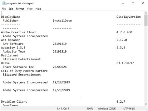 how to export a list of installed programs on a windows pc to a text file