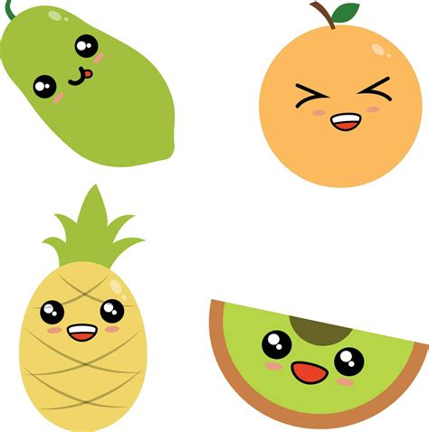 Cute Fruit Happy Cute Set Of Smiling Fruit Faces Vector Set Of Flat