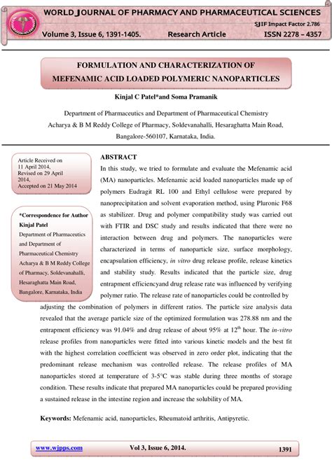 Pdf Formulation And Characterization Of Mefenamic Acid Loaded Polymeric Nanoparticles