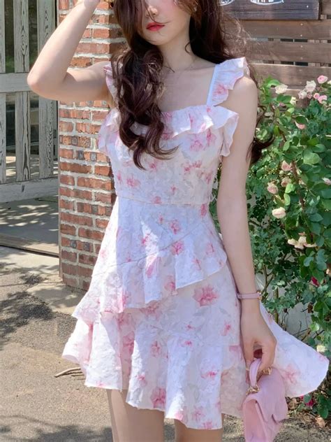 여성용 플로럴 프린트 스위트 카와이 드레스 핑크 한국 스타일 우아한 파티 미니 드레스 캐주얼 시크 섹시 스트랩 드레스 보호 2022 여름 Aliexpress