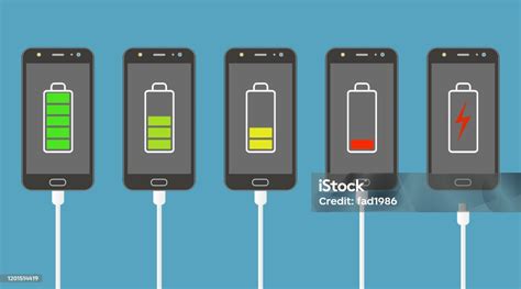 배터리 충전 레벨 표시기 및 충전기 연결이있는 스마트 폰 세트 0명에 대한 스톡 벡터 아트 및 기타 이미지 0명 Usb 케이블 가득 찬 Istock