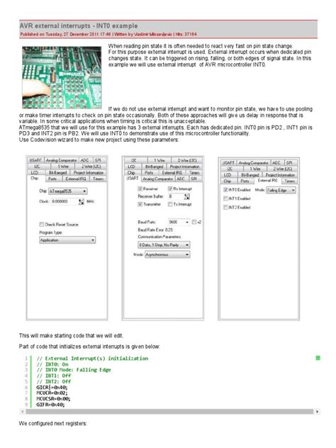 Avr External Interrupts Int0 Example Pdf Microcontroller