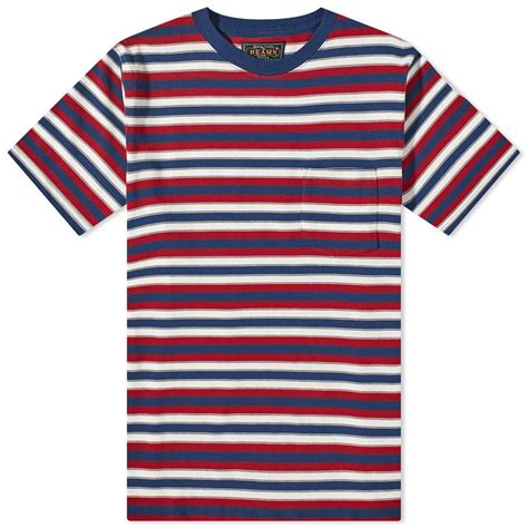 Beams Plus Mens Multi Stripe Pocket T Shirt In Blue Beams Plus