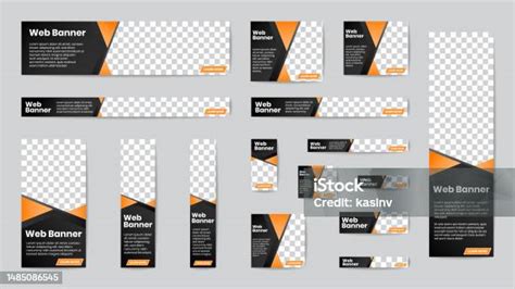 수평 및 수직 직사각형의 비즈니스 배너 표준 크기와 웹 디자인을 위한 정사각형 템플릿 세트 검은색과 주황색 그라데이션 삼각형