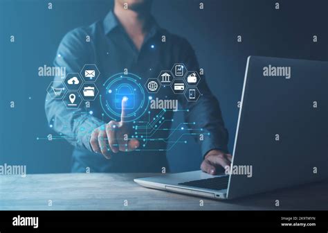 Man Touching Security Scanning Of Digital Programs With Notebook Laptop Surveillance Of