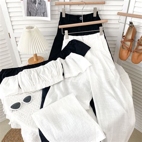 투피스 오프숄더 반팔 탱크탑하이웨이스트 얇은 와이드 레그 바지 여행룩바캉스룩해변룩한강룩