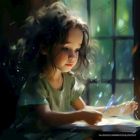 Ai创作图开的小台灯看书的小朋 梦幻儿童插画超治愈 认真看书的小姑娘 唯美小女孩插画 认真看书的女孩 在看书的女孩子 梦幻儿插插画 梦幻儿童