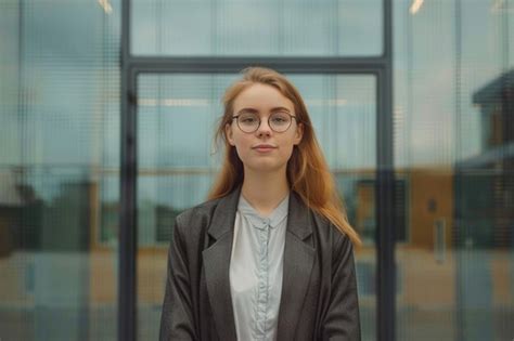 A Woman Wearing Glasses And A Gray Jacket Stands In Front Of A Glass Door Premium Ai Generated